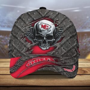 Personalized Kansas City Chiefs Skull Warrior Baseball Cap - ChiefsFam