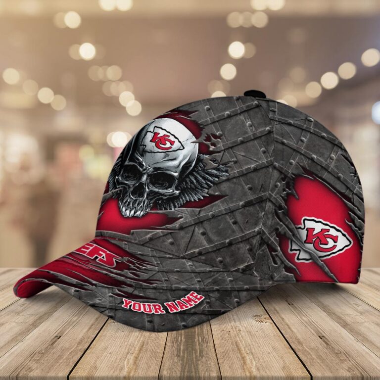 Personalized Kansas City Chiefs Skull Warrior Baseball Cap - ChiefsFam